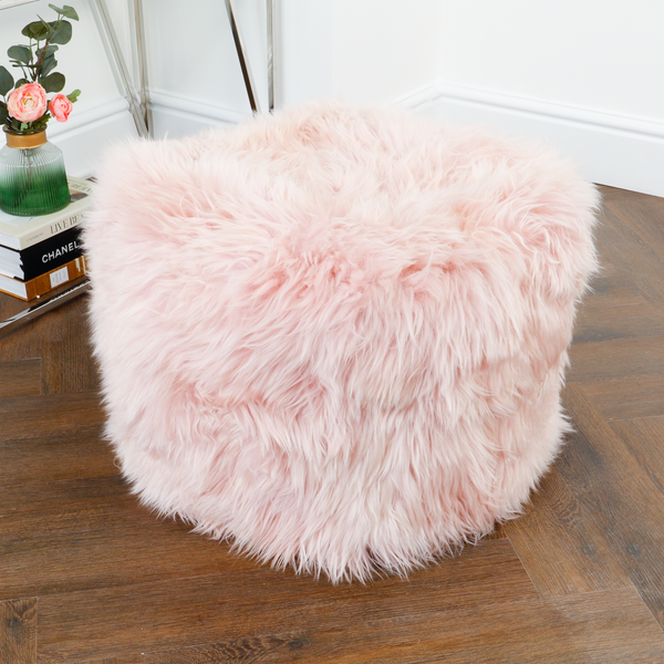 Pink Sheepskin Pouf 40x40x40cm Square Foot Stool - CasaFenix